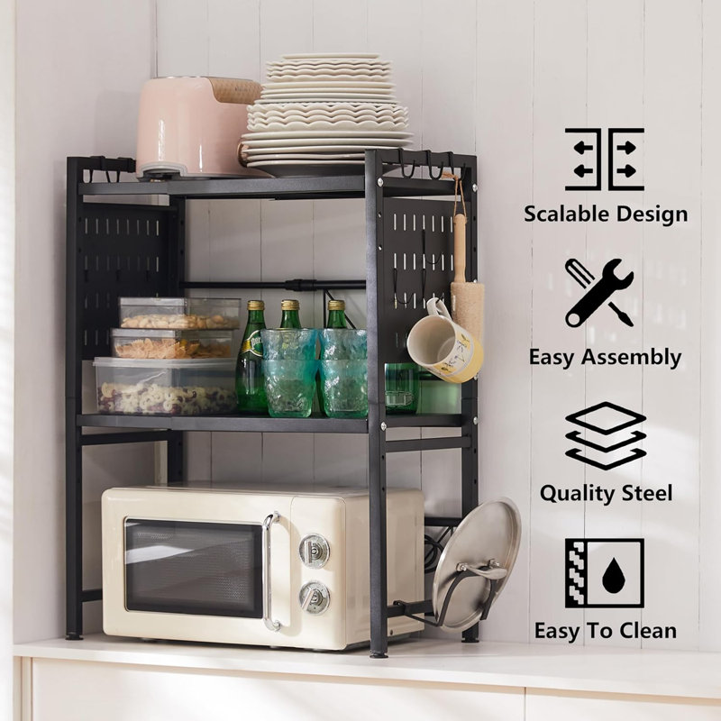 Adjustable Microwave Stand 3 Tier Microwave Oven Rack With 9 Hooks Black